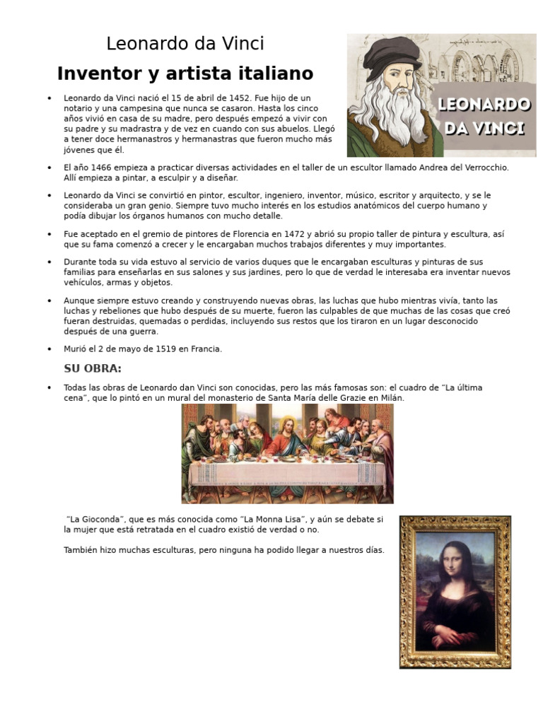Biografía de Leonardo da Vinci para niños | PDF | Arte | Historia