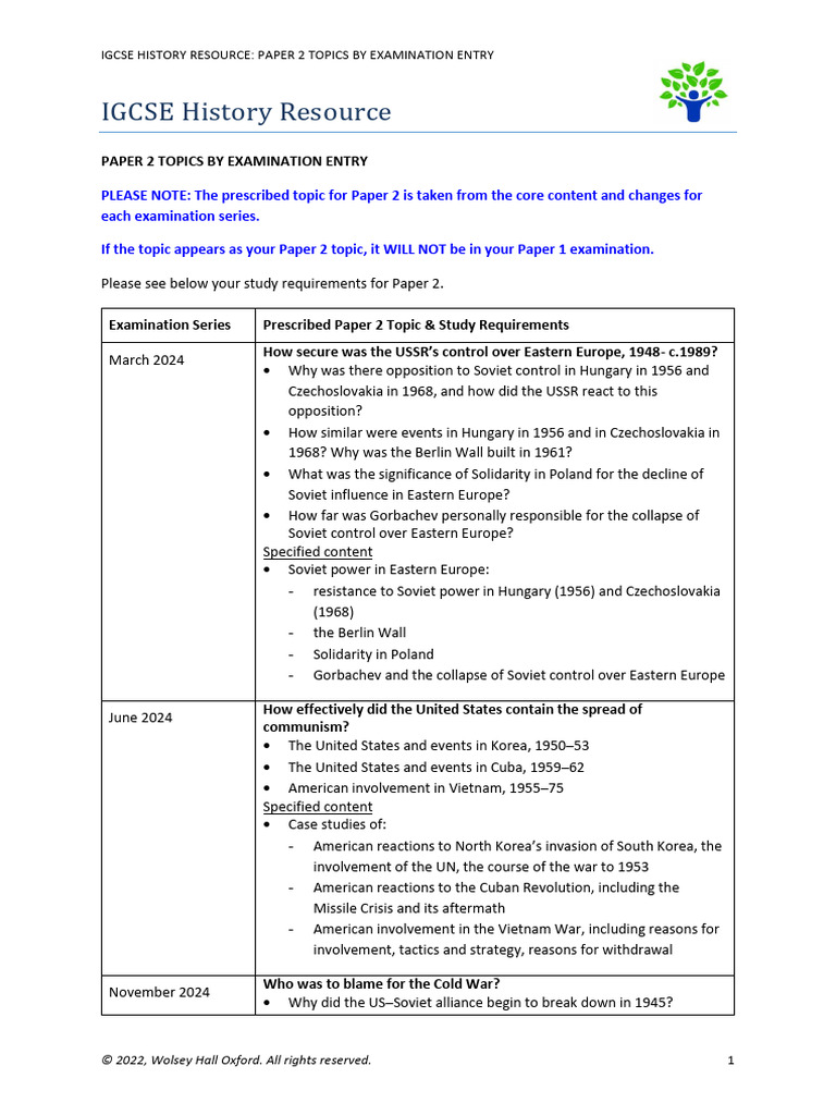 IGCSE History Paper 2 Exam Topics | PDF | Soviet Union | World Politics