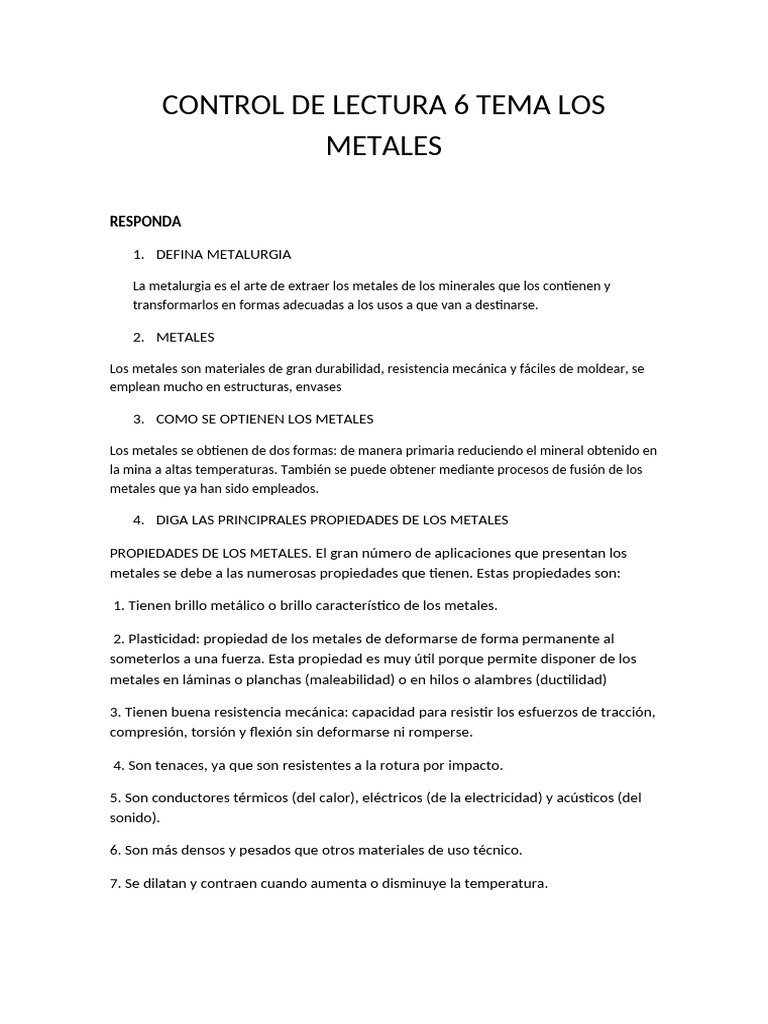 Control de Lectura 6 Tema Los Metales | PDF | Rieles | Estaño