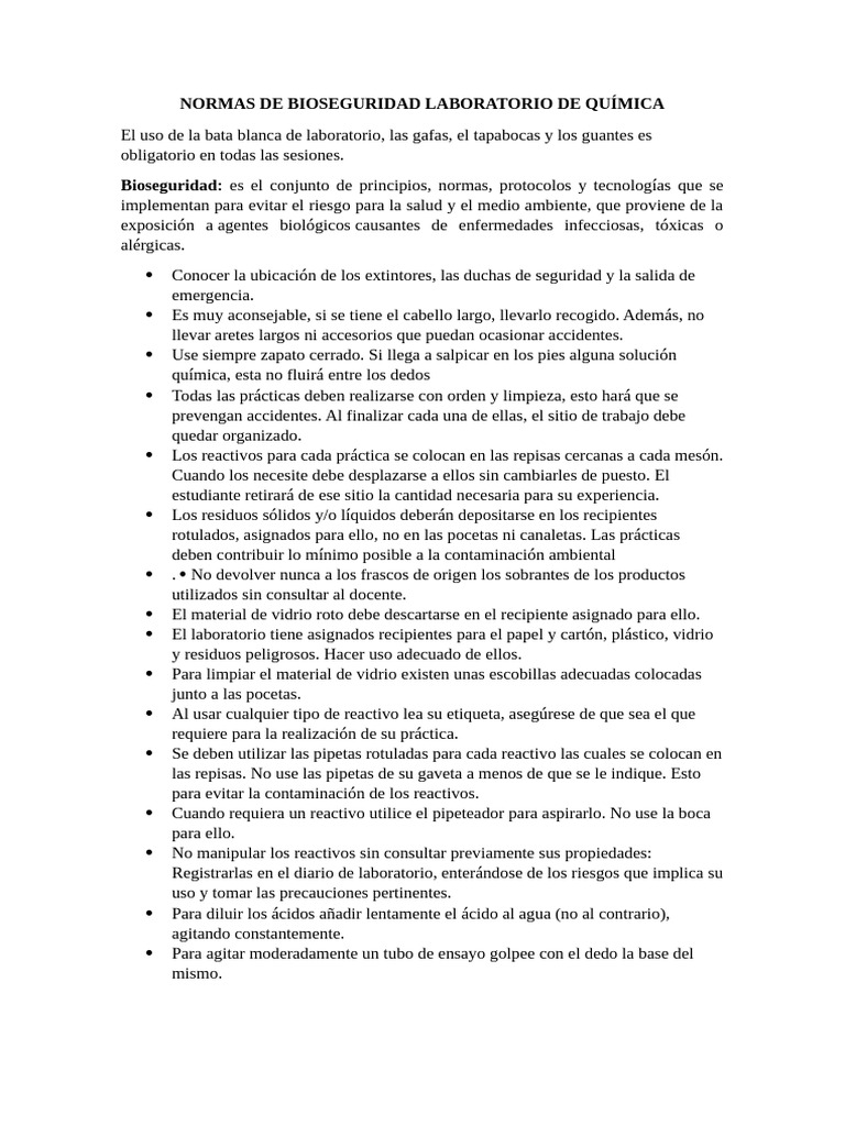 NORMAS DE BIOSEGURIDAD LABORATORIO DE QUÍMICA Ceavichay Zavala DERIAN | PDF | Laboratorios ...