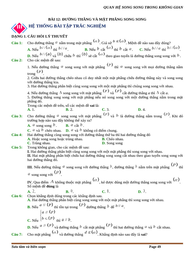 BT - Duong Thang Va Mat Phang Song Song | PDF
