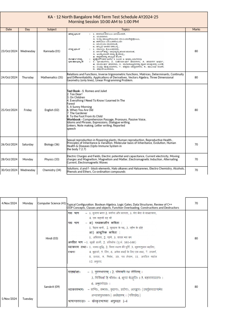 KA-12 North Bangalore Mid Term Test Schedule V1.0-1 | PDF | Linear ...