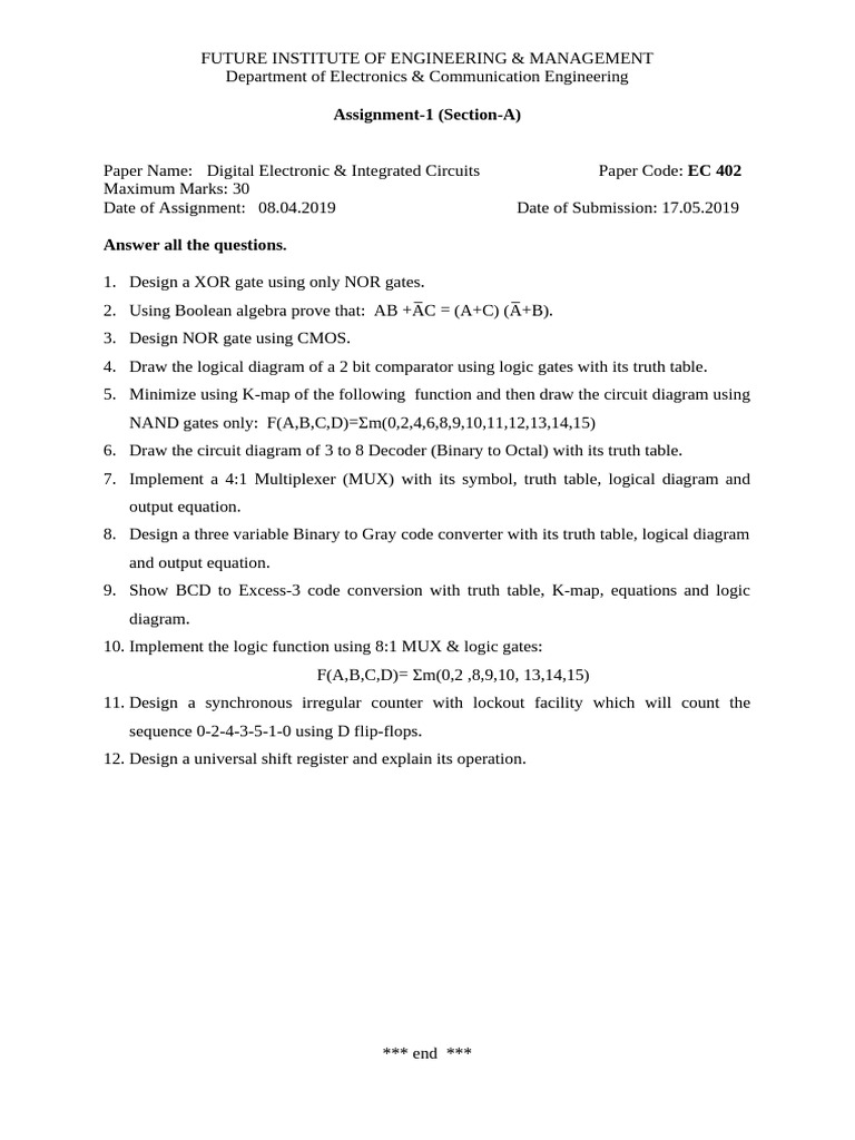 Assignmen 1@ Digital Electronics EC 402 | PDF