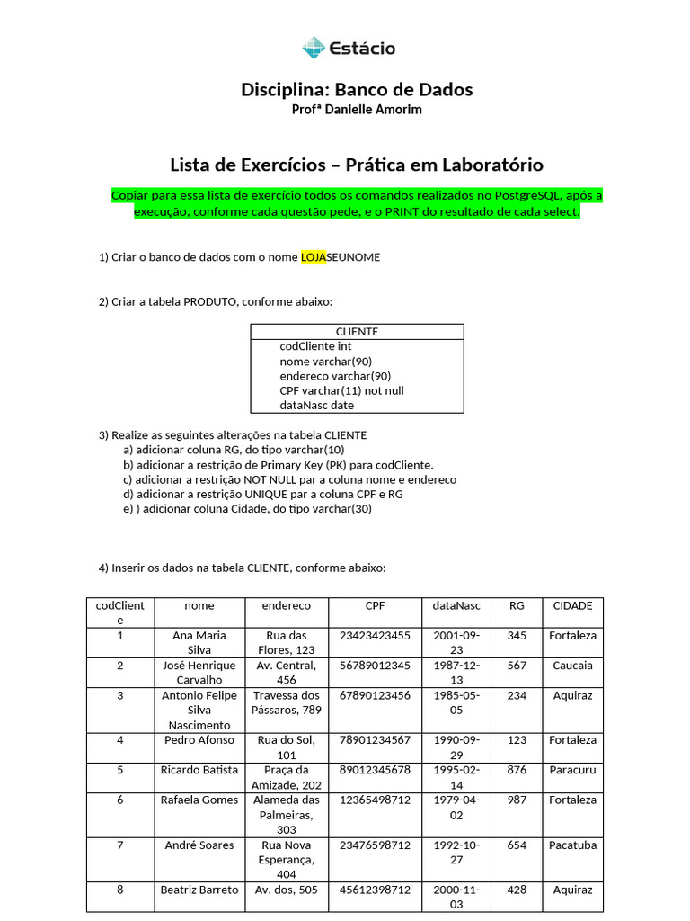 4 - Postgresql - Lista de Exercicio 3 - Qua M | PDF | SQL | Bancos de dados