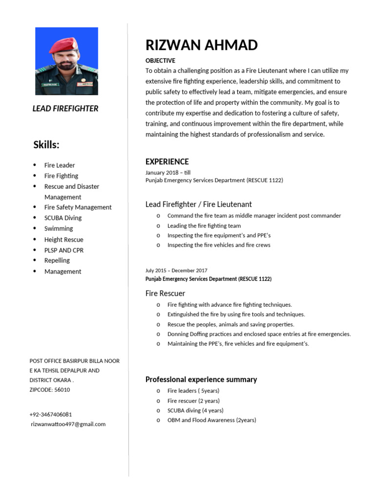 Resume Rizwan Fire Lieutenant | PDF | Firefighting | Firefighter