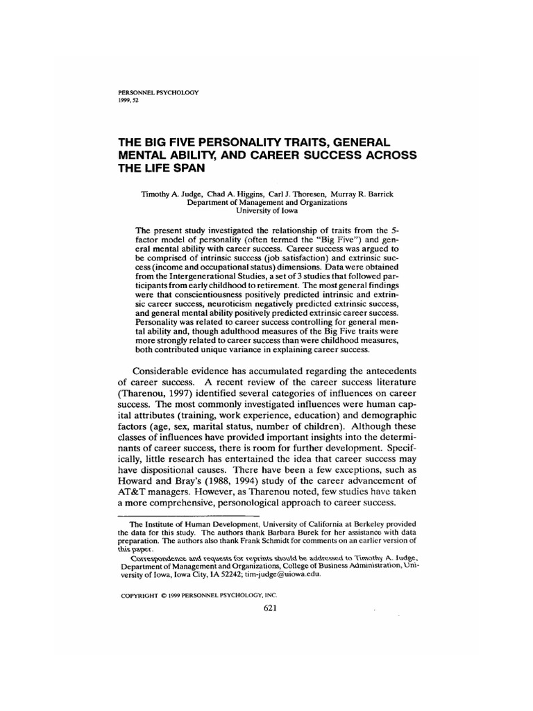 The Big Five Personality Traits, General Mental Ability, and Career ...