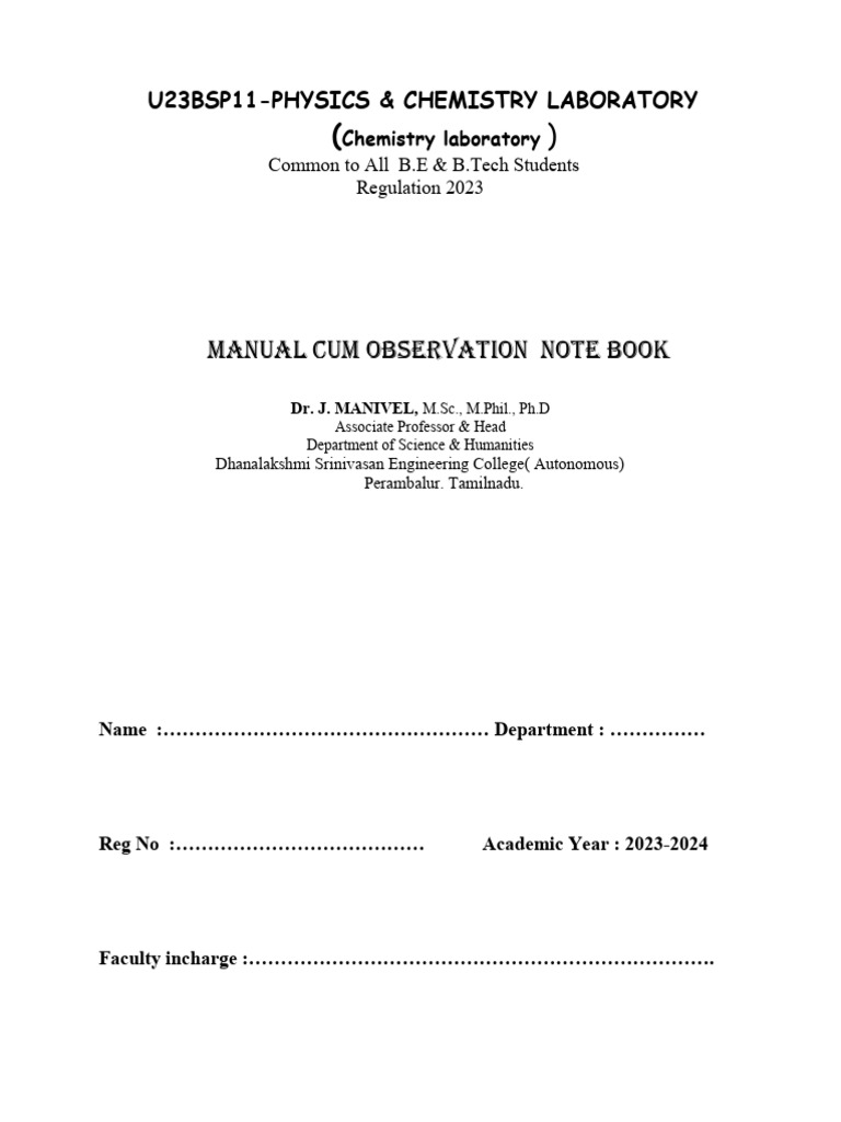 Chemistry Lab Manual 2023-2024 | PDF | Titration | Chemistry