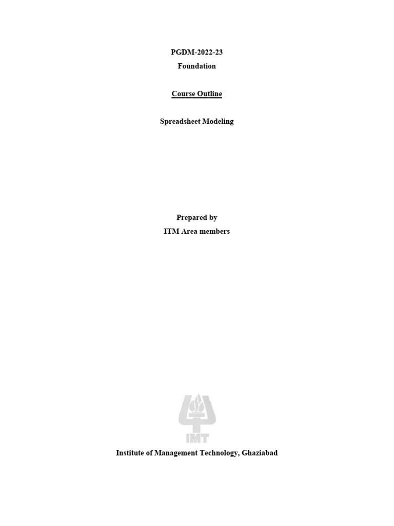 Spread Sheet Modelling Course Outline Pdf Microsoft Excel Spreadsheet