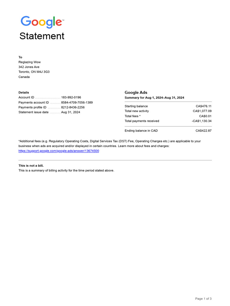 Google Ads Statement for Reglazing Wow | PDF | Money | Payments