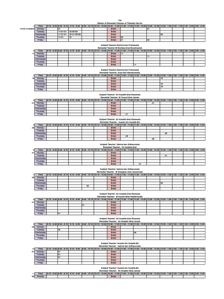 Quran Tilawat List - Timetable | PDF