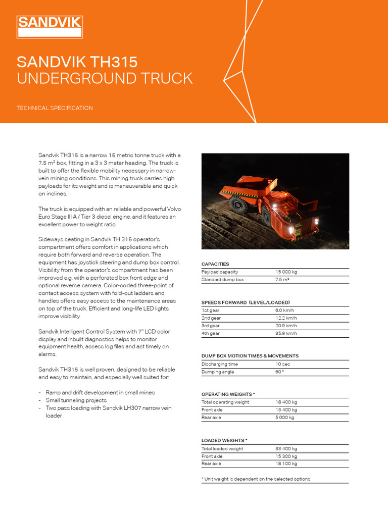 Sandvik TH315 Underground Truck Specs | PDF | Brake | Truck