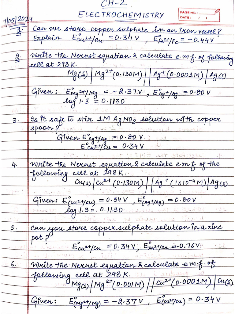 Chemistry CH-2 Electrochemistry (Numericals) | PDF