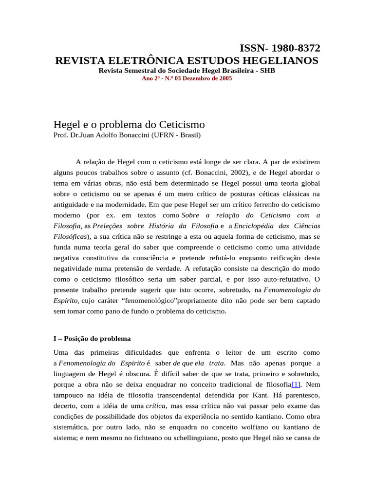 Hegel e o Problema Do Ceticismo | PDF | Fenomenologia (Filosofia) | Conhecimento