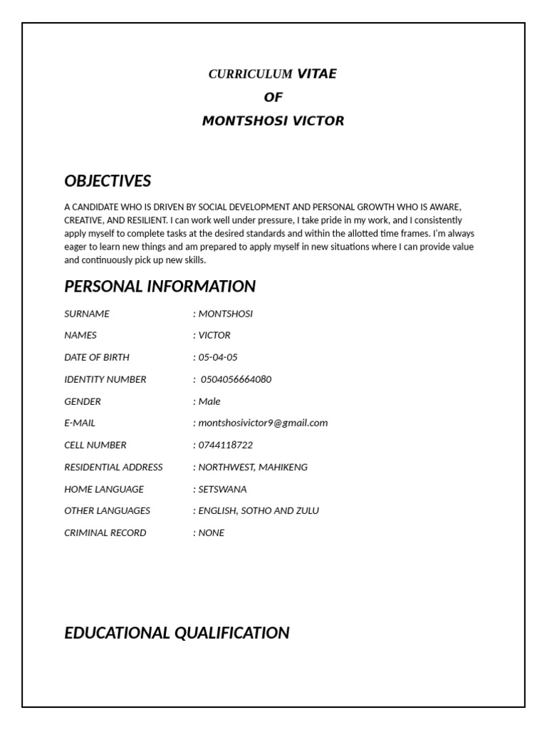 Curriculum Vitae Format | PDF | Social Science | Self-Improvement