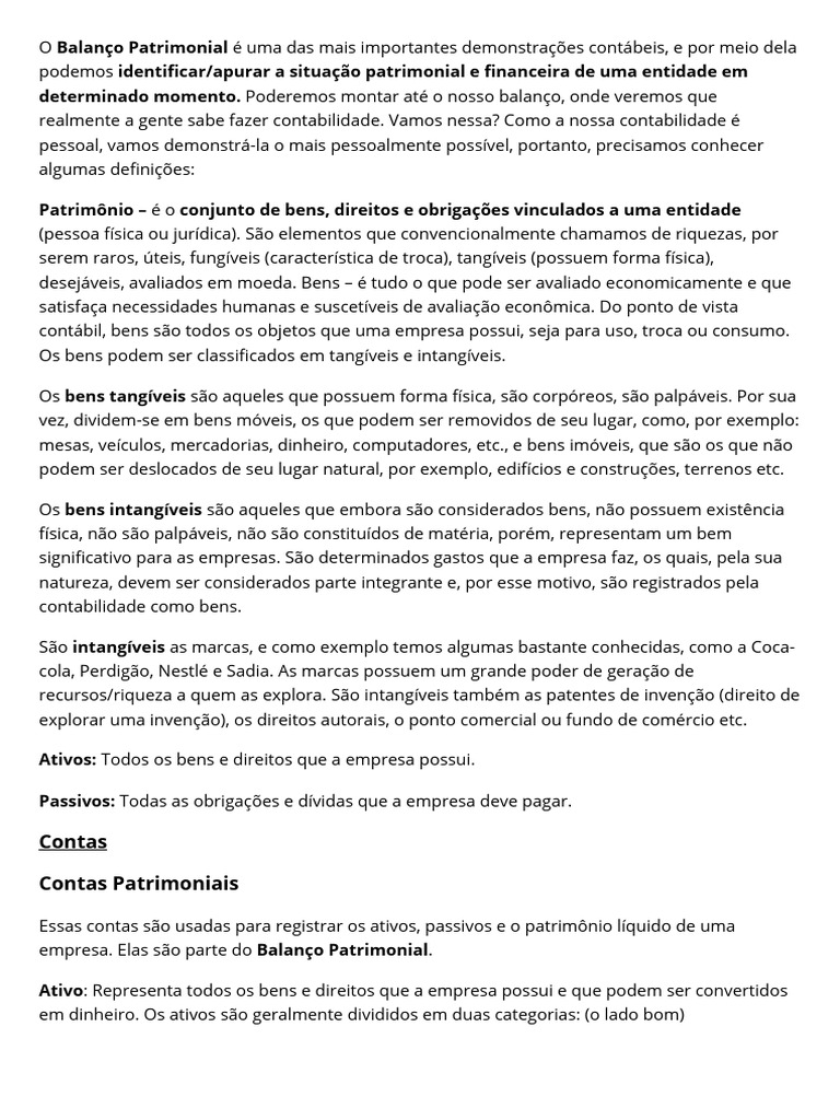 Contas Patrimoniais e Balanço Patrimonial | PDF | Contabilidade | Fluxo ...