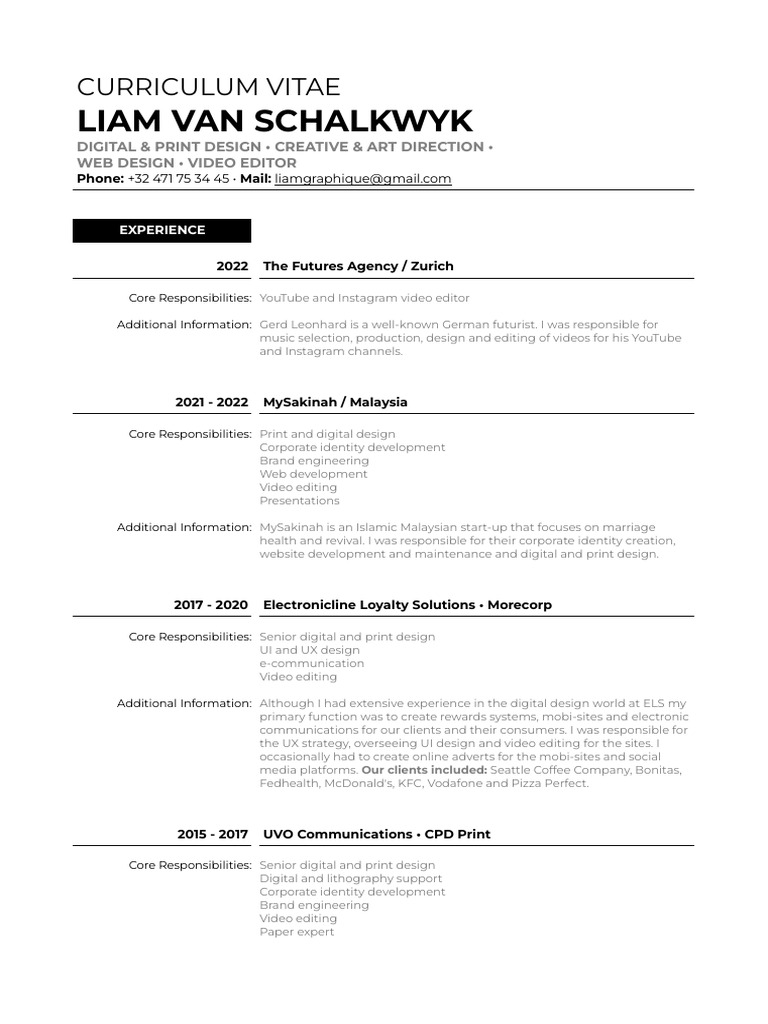 Liam Van Schalkwyk: Design & Video CV | PDF | Dialectical Behavior ...