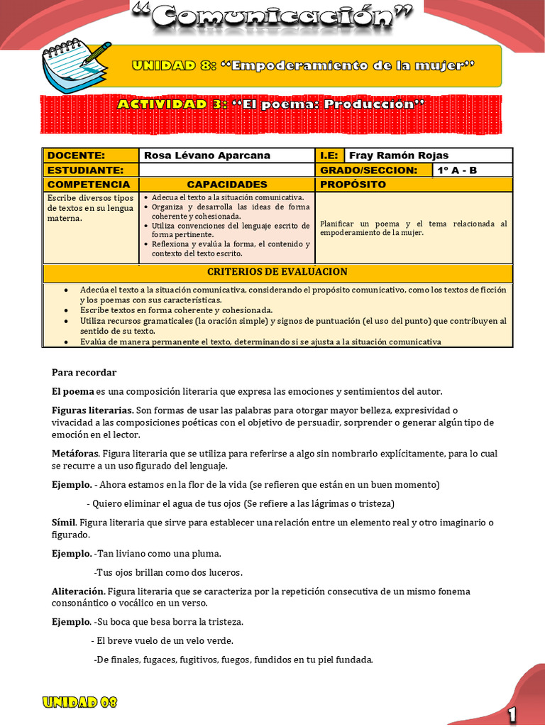 1°ACT 3 COM U7 SEM 02 - 2023 Mejorada | PDF | Puntuación | Metáfora
