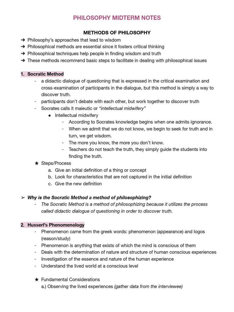 Philosophy Notes Methods of Philosophy | PDF | Knowledge | Truth