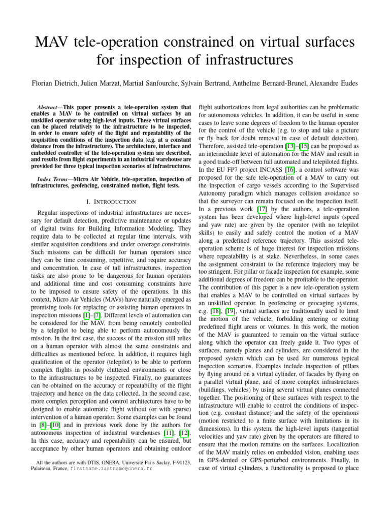 2020 ETFA MAV Teleoperation Constrained Virtual Surfaces For Inspection | PDF | Unmanned Aerial ...