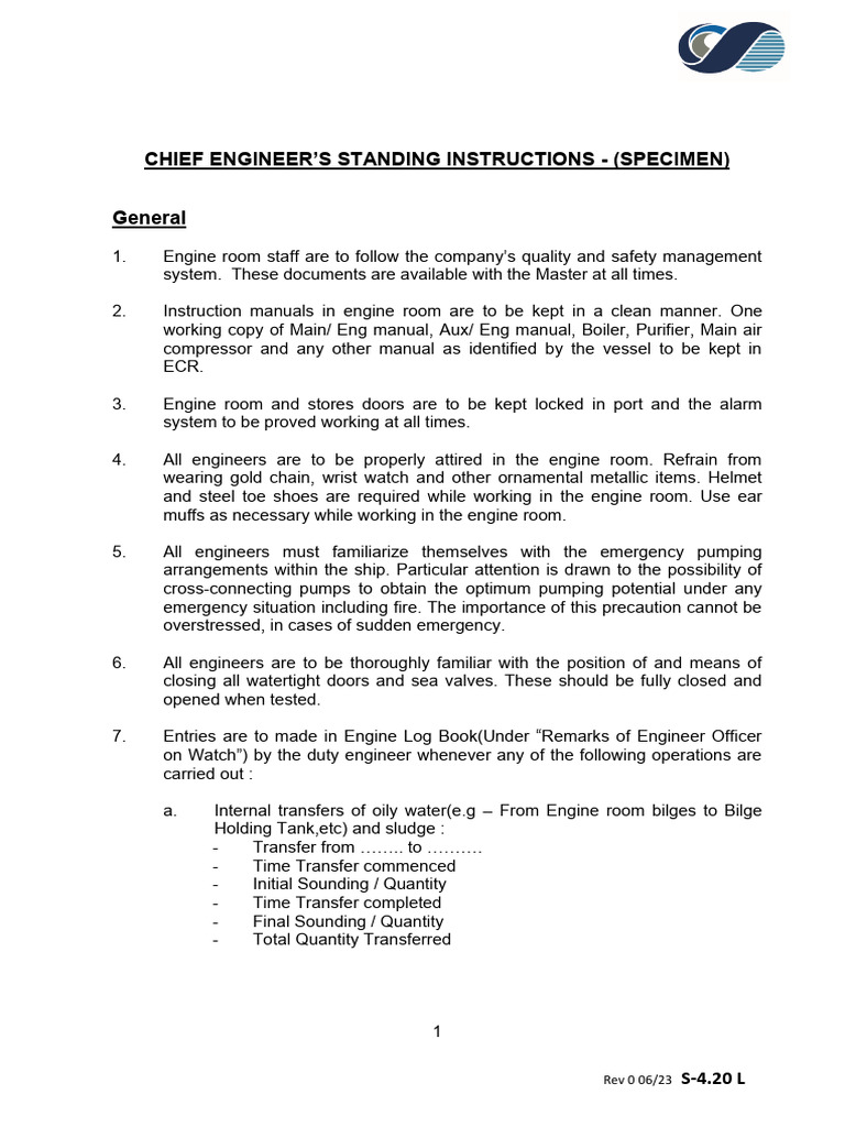 Chief Engineer's Standing Orders Sample | PDF | Technology & Engineering