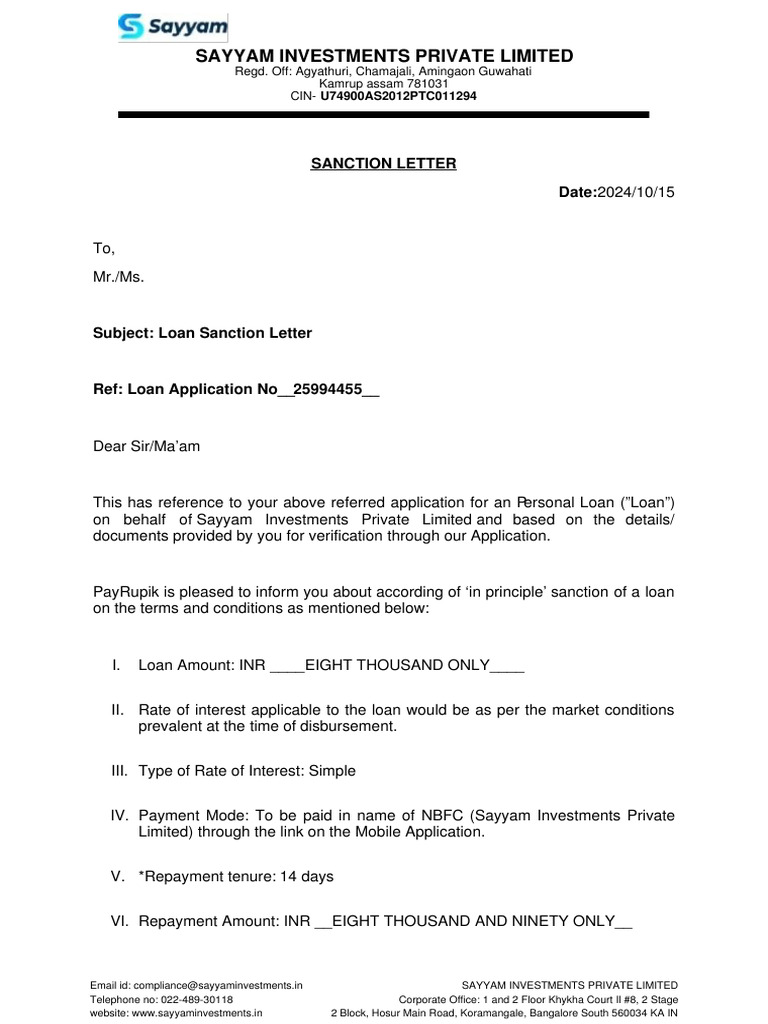 Sayyam Investments Loan Sanction Letter | PDF | Loans | Liability ...