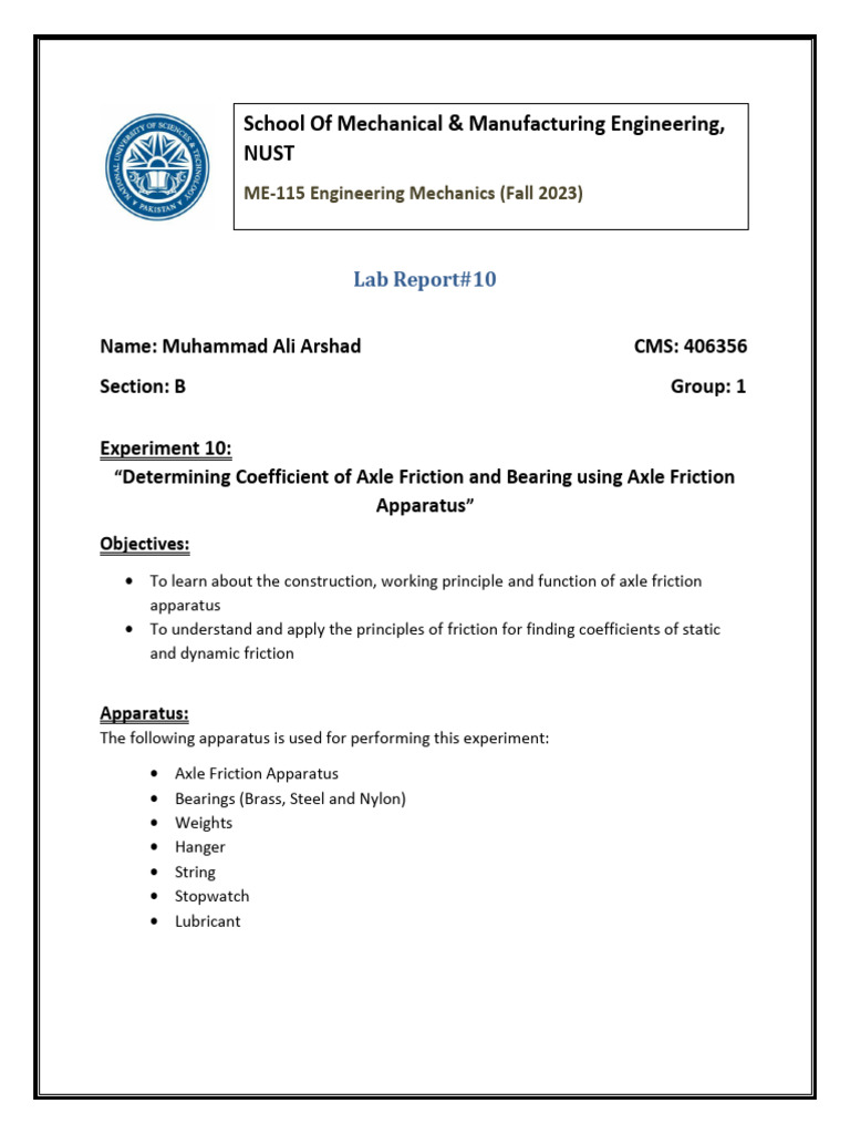 Engineering Mechanics Lab Report 10 Ali | PDF | Friction | Force