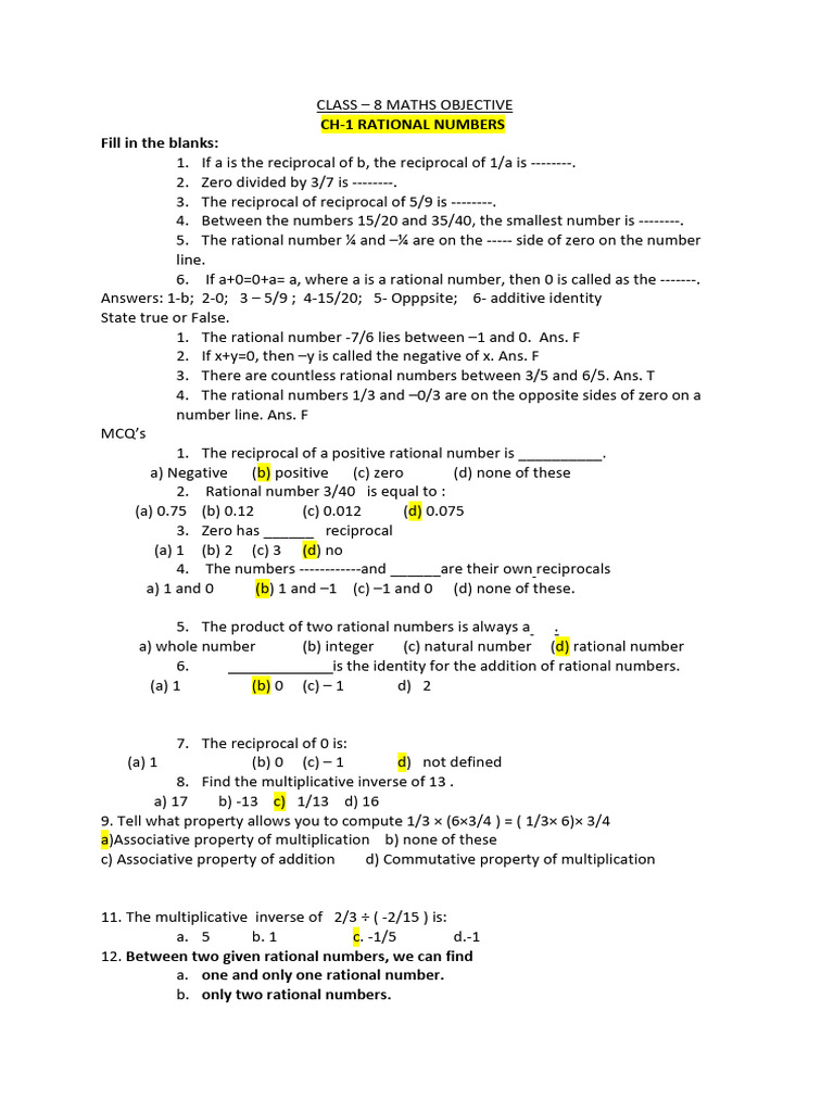 Objective Paper of Rational Numbers. (1) | PDF | Numbers | Rational Number