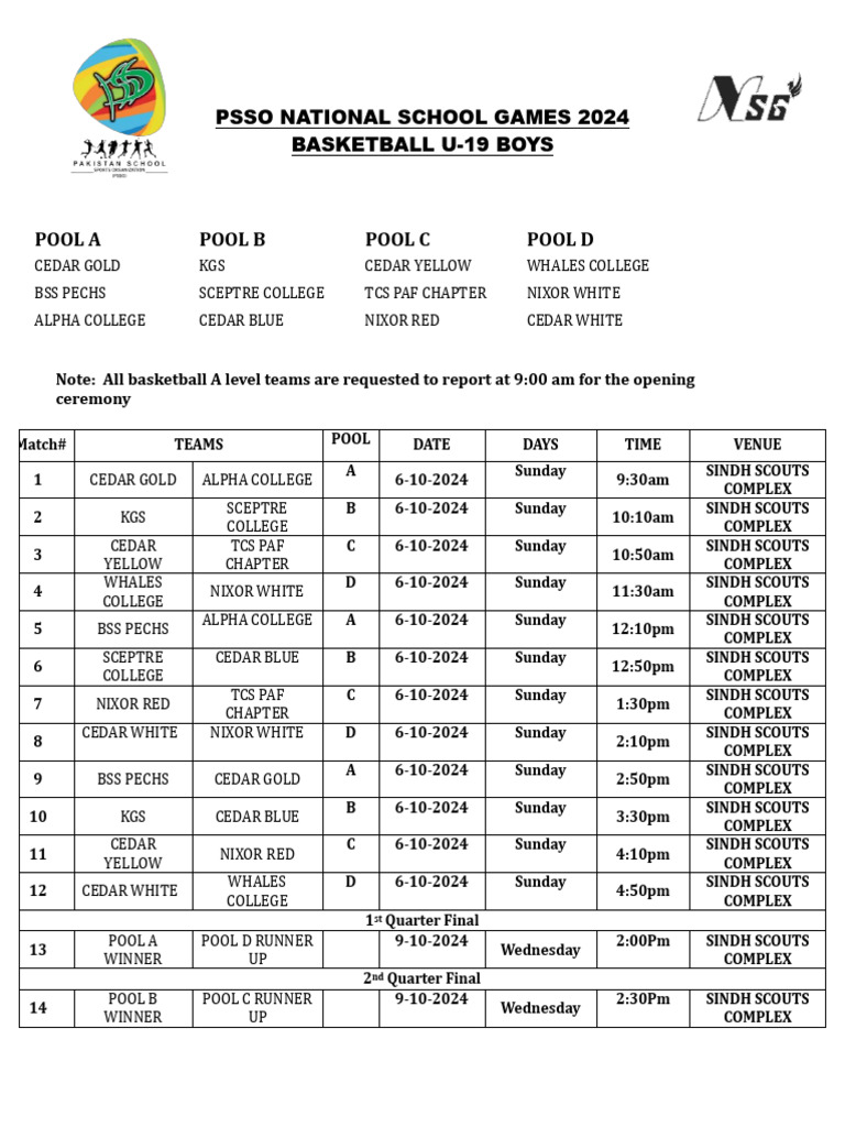 PSSO U-19 Basketball Games 2024 Schedule | PDF | Sports | Sports ...