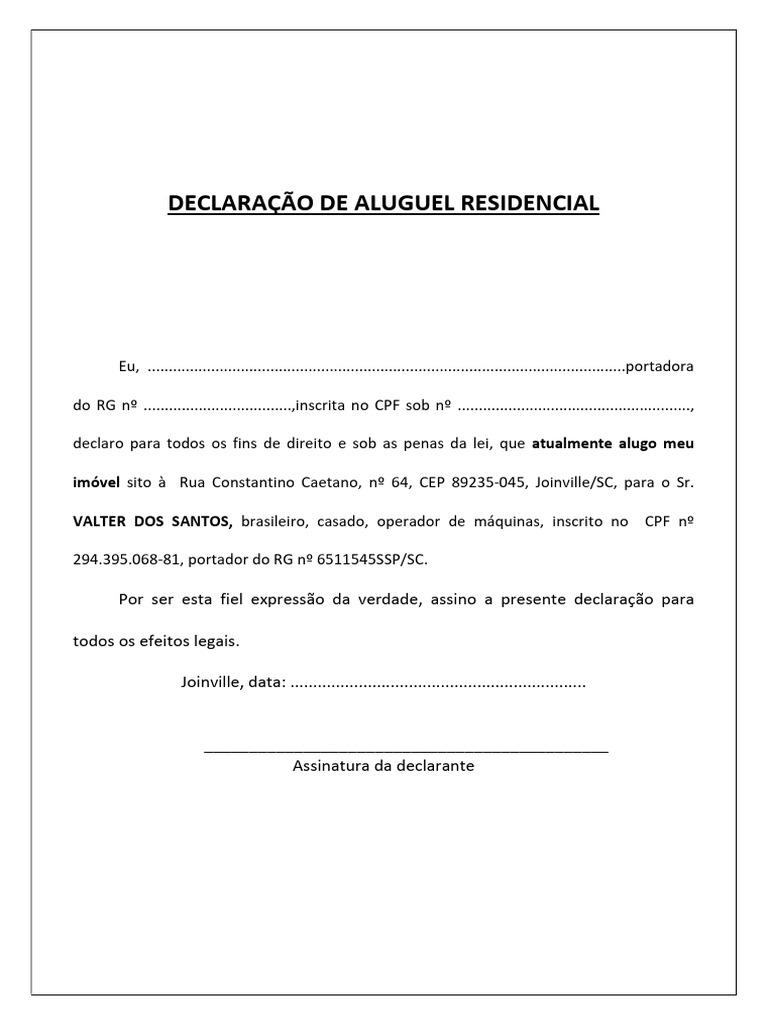 Declaração - Aluguel Imóvel | PDF | Direito