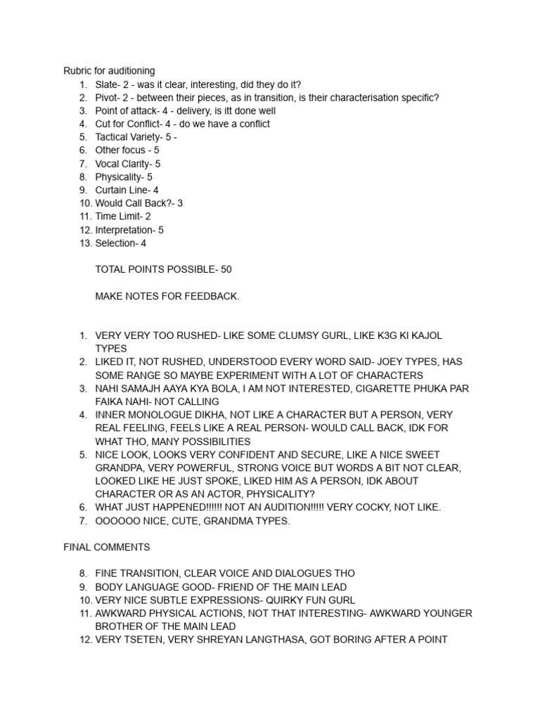 Rubric For Auditioning | PDF | Language Arts & Discipline