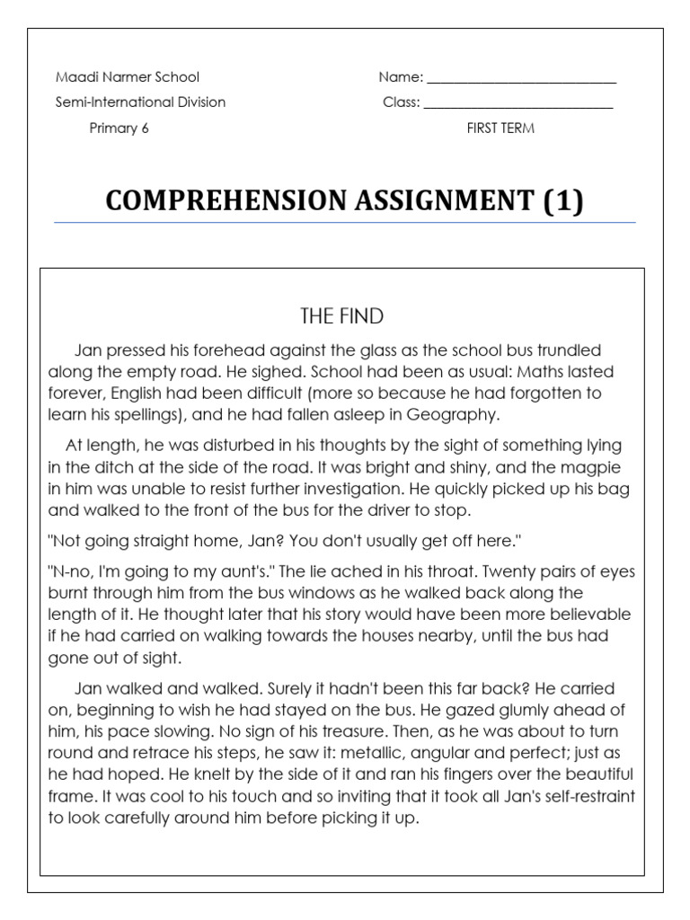 Comprehension Assignment 1-Fiction-G6 | PDF