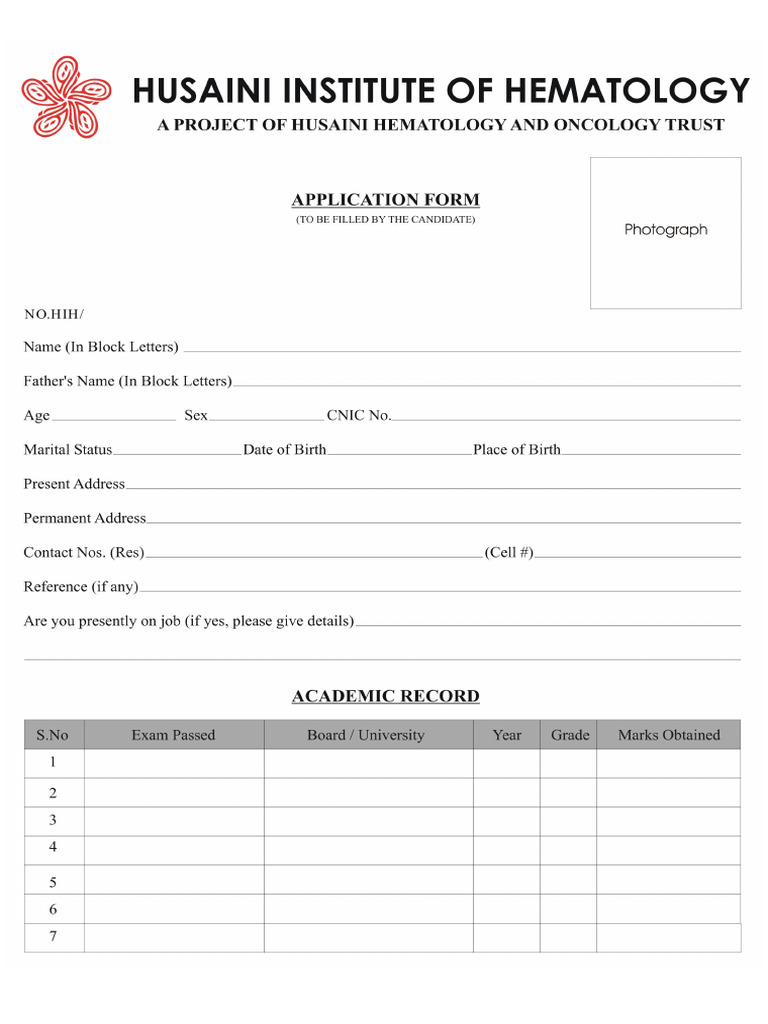 Application Form Husaini Institute of Hematology | PDF