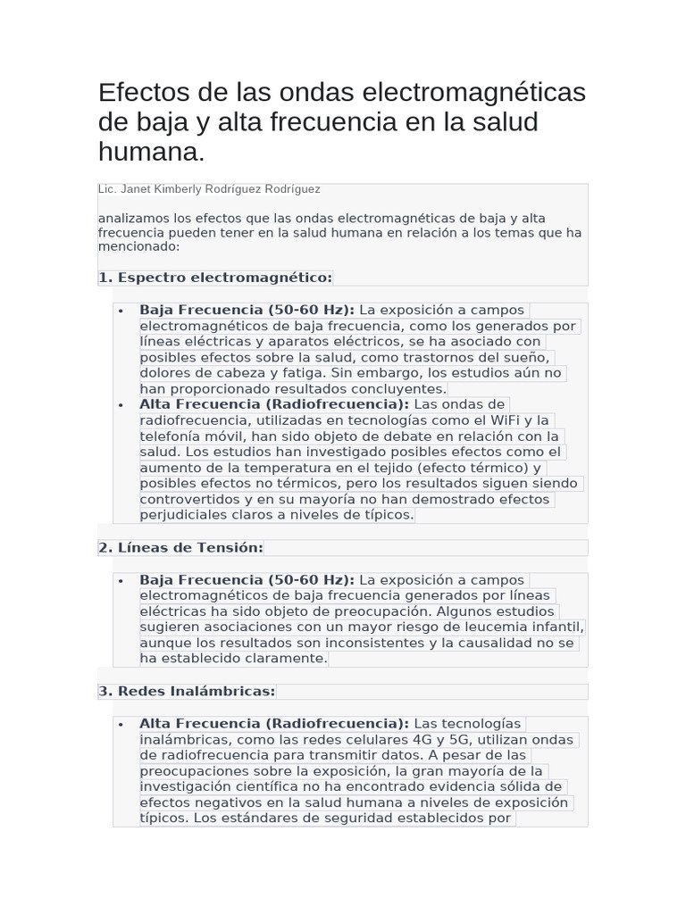 Efectos de Las Ondas Electromagnéticas de Baja y Alta Frecuencia en La ...