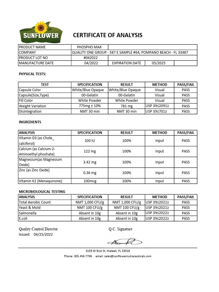 Cópia de Cert Analisis Phospho Max | PDF | Magnesium | Chemical Substances
