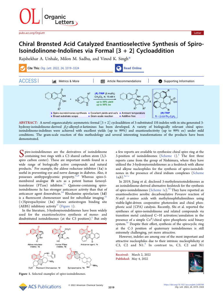 Unhale Et Al 2022 Chiral Brønsted Acid Catalyzed Enantioselective Synthesis of Spiro ...