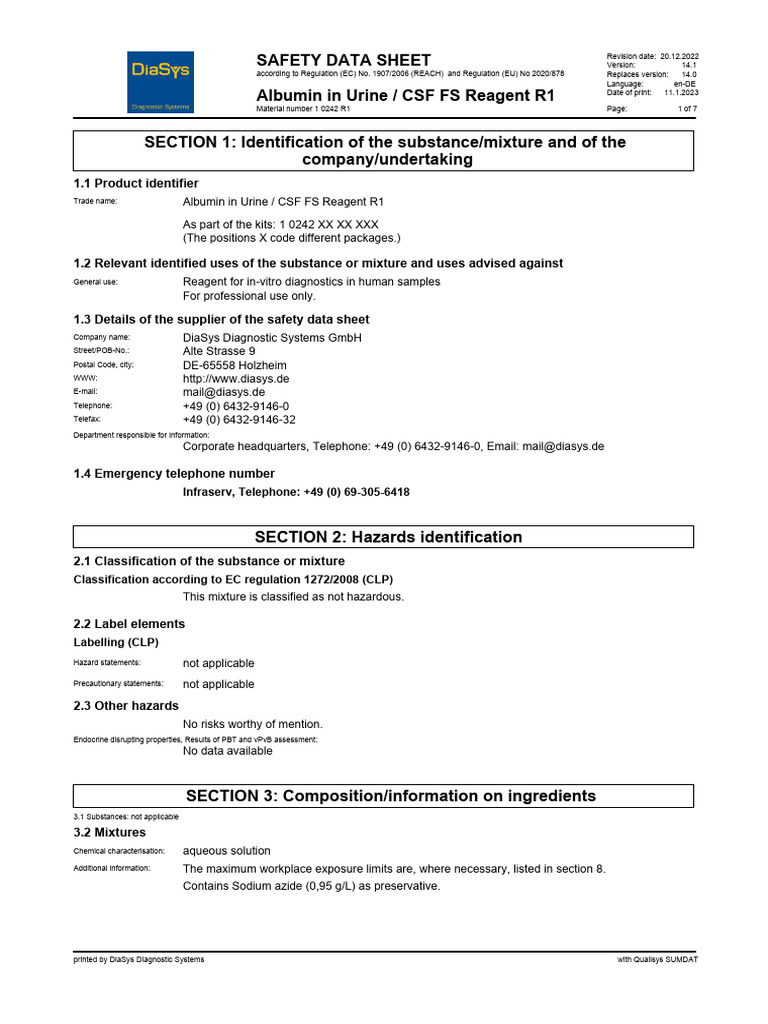 Albumin in Urine CSF FS Reagent R1-en-DE-14-1 | PDF | Dangerous Goods | Waste