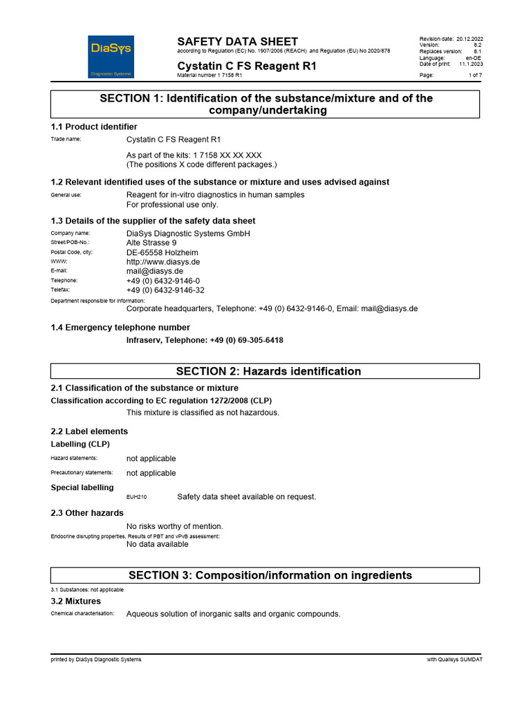 Cystatin C FS Reagent R1 Safety Data Sheet | PDF | Dangerous Goods ...