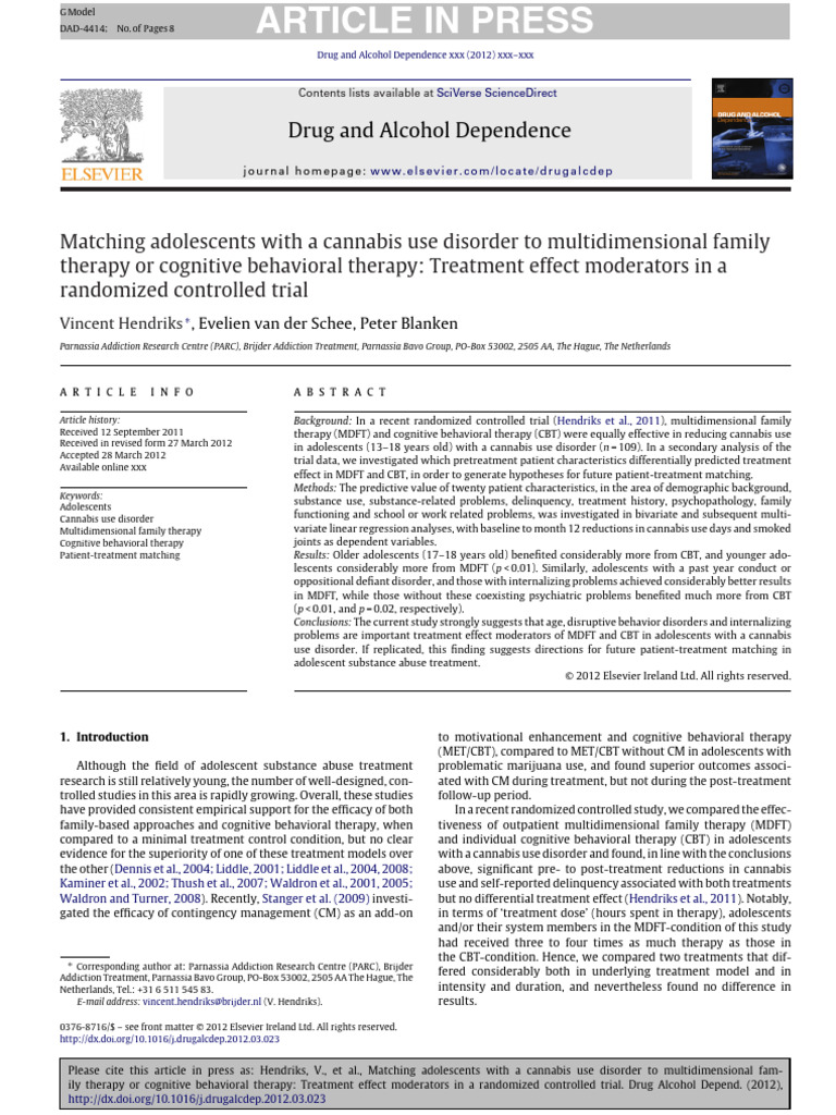 Hendriks Et Al (2012) Matching Adolescents With A Cannabis Use Disorder To MDFT or CBT | PDF ...