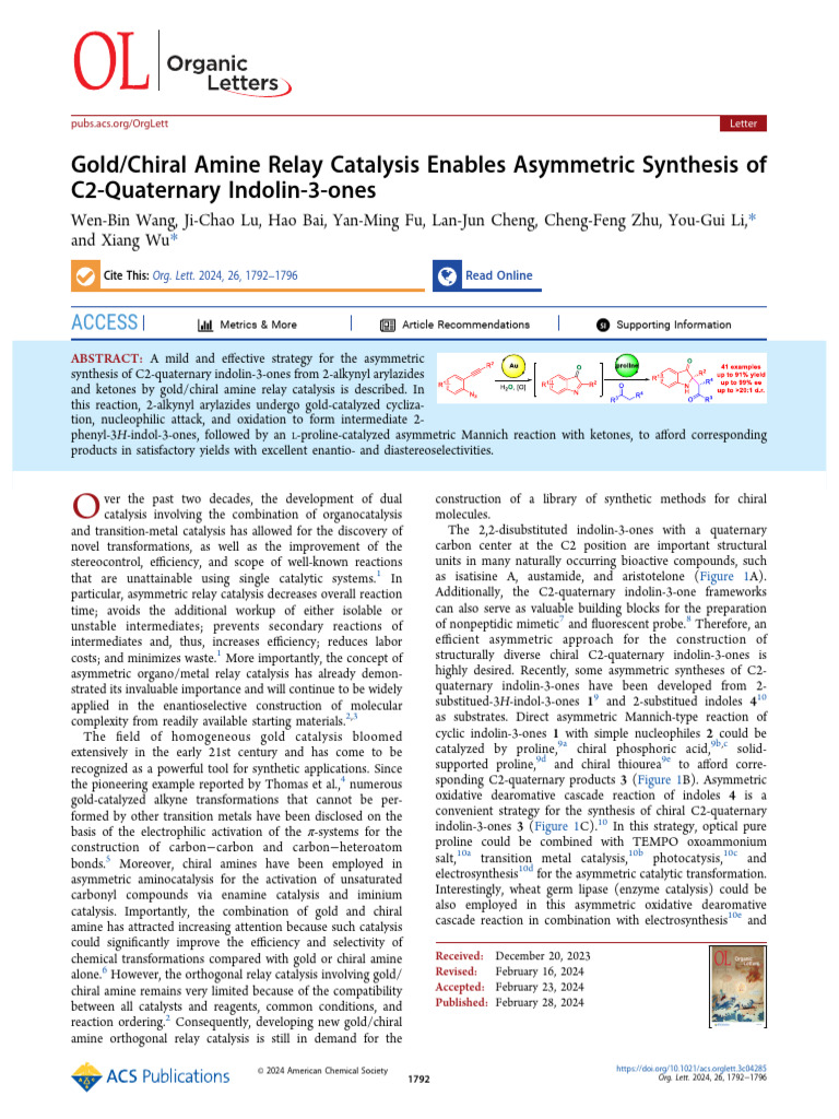 Wang Et Al 2024 Gold Chiral Amine Relay Catalysis Enables Asymmetric Synthesis of c2 Quaternary ...