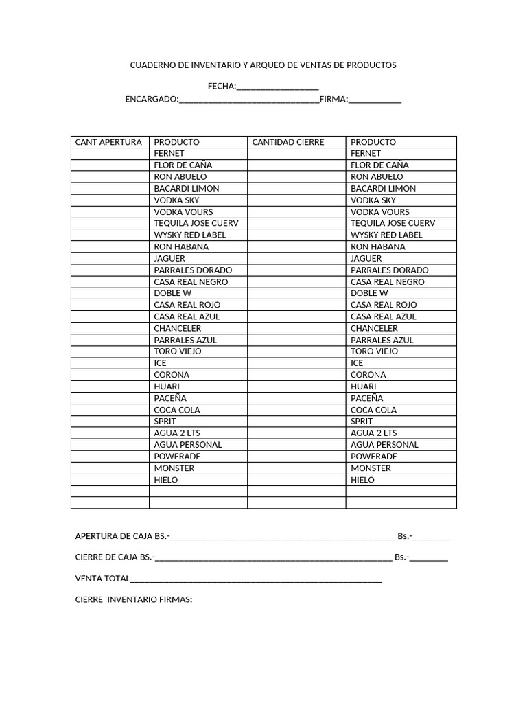 Cuaderno de Inventario y Arqueo de Ventas de Productos | PDF | Bebidas ...