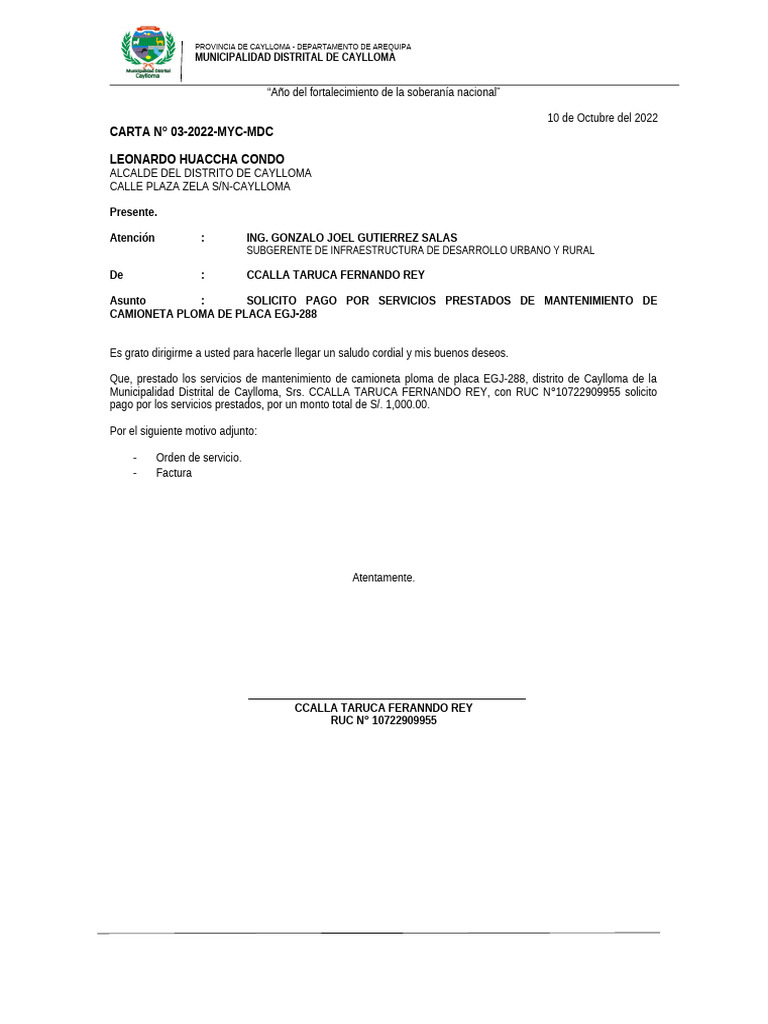 Carta #003 Ccalla Taruca Fernando Rey | PDF