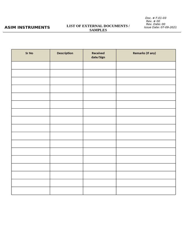 F-01-03 List of External Documents | PDF