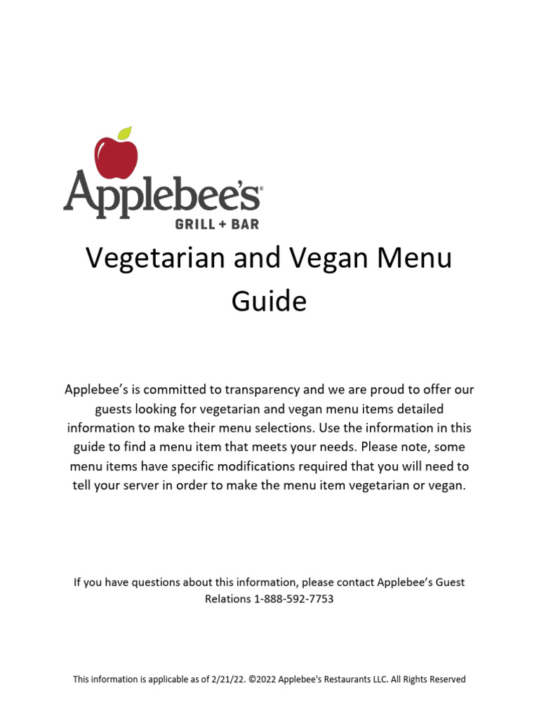 Applebees Vegan and Vegetarian Guide Feb 2022210 | PDF | Hamburgers | Salad