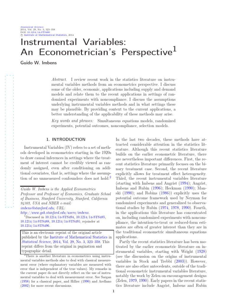 Iv From An Econometricians Perspective Pdf Econometrics Statistics