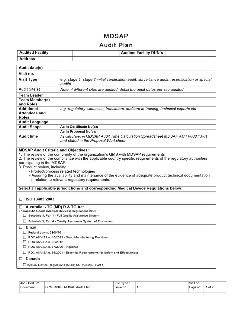 MDSAP Audit Plan | PDF | Medical Device | Audit