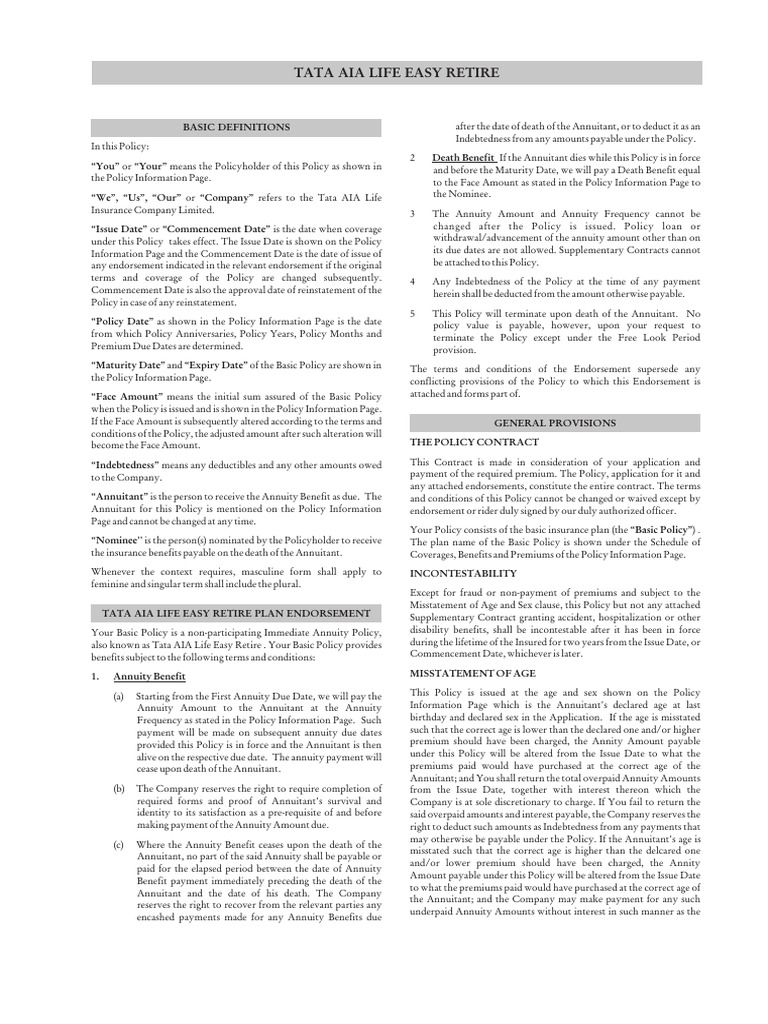 Easy Retire 110N053V01 TandC | PDF | Insurance | Financial Services
