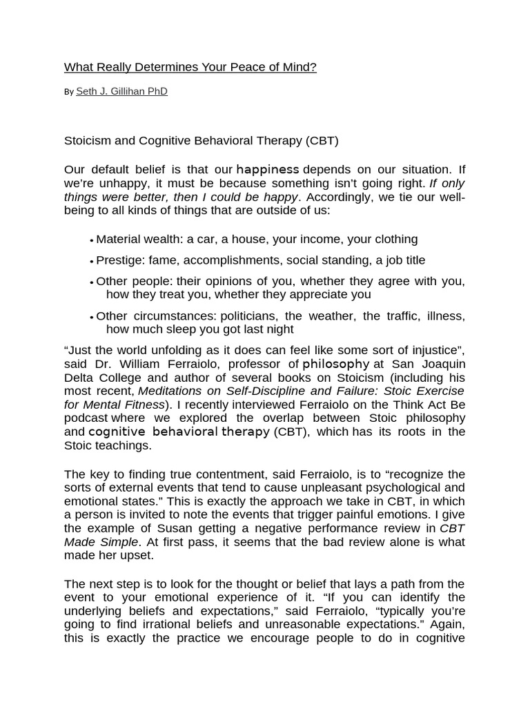 Peace of mind | PDF | Stoicism | Cognitive Behavioral Therapy