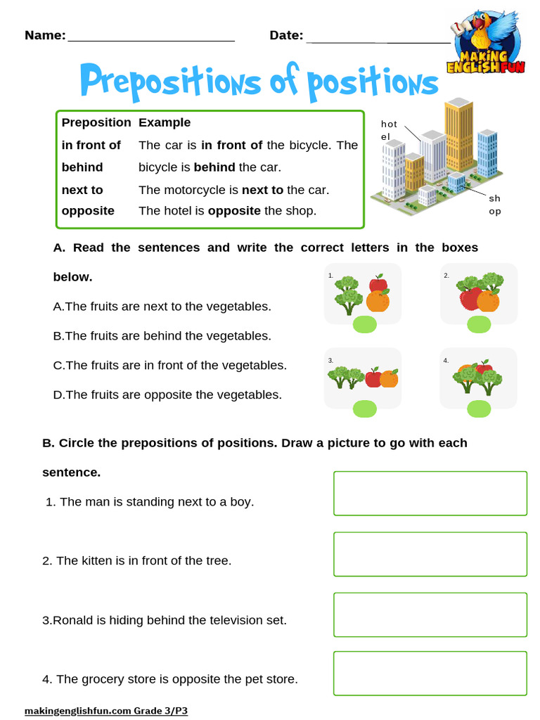 Prepositions of Positions 3rd Grade 5 Worksheets | PDF