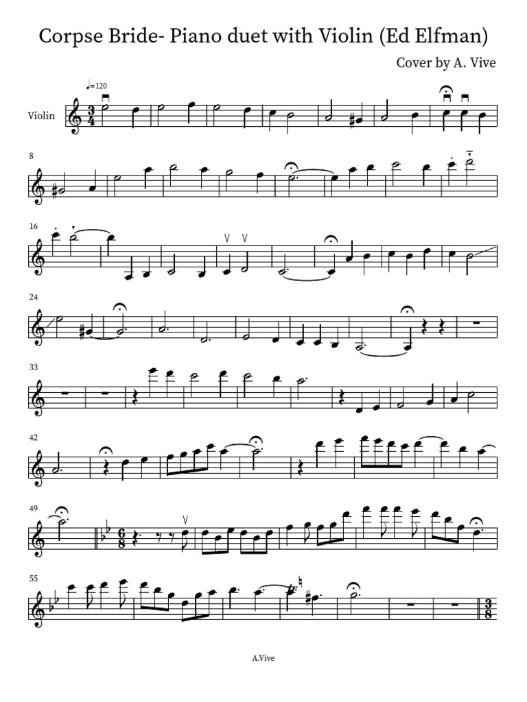 Corpse Bride - Piano Duet With Violin (Ed Elfman) | PDF