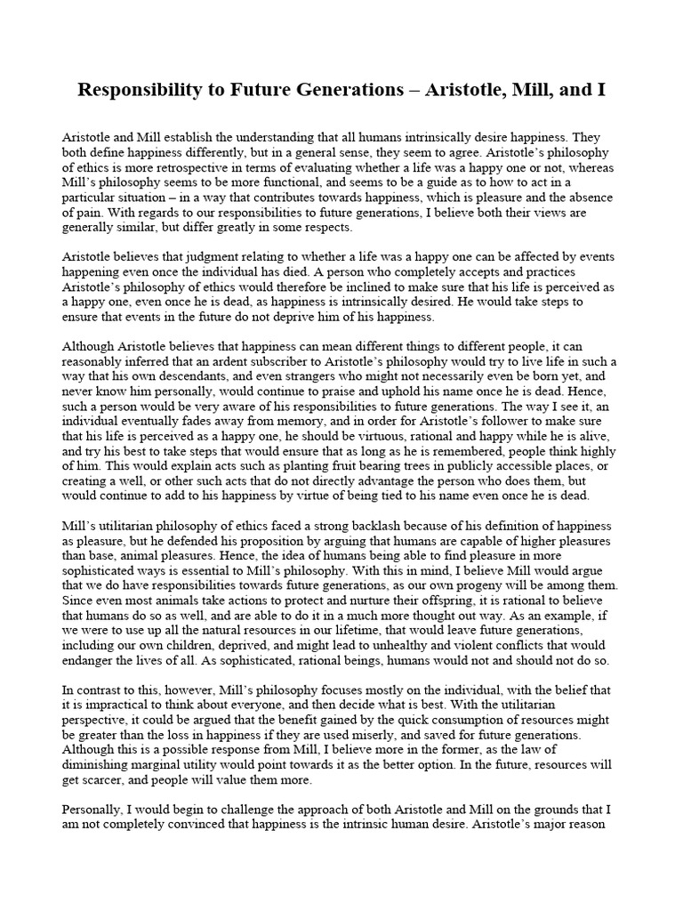 Responsibility To Future Generations | PDF | Happiness | Aristotle